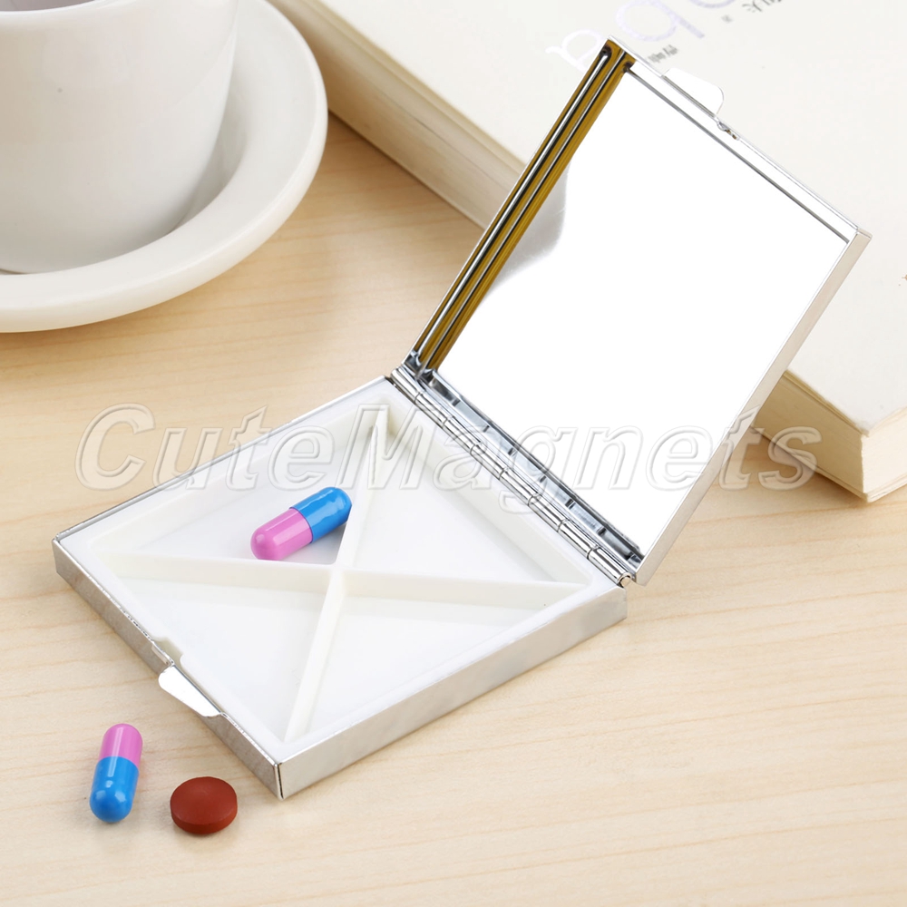 Rectangle Pill Box 4 Compartments Metal Medicine Organizer Case Home ...